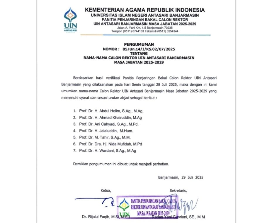 Resmi 7 Nama Calon Rektor UIN Antasari Banjarmasin Periode 2025–2029 Diumumkan - Jurnal Kalimantan